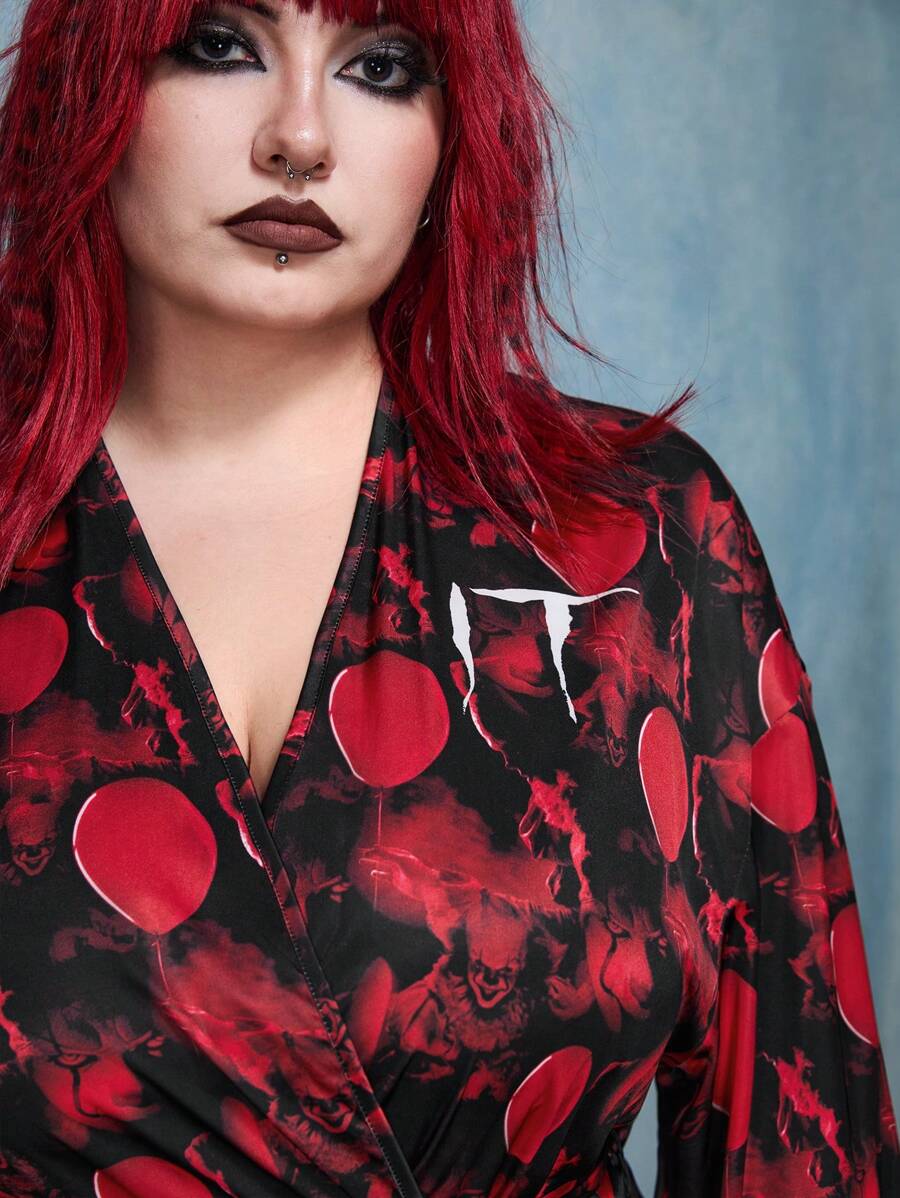 IT X SHEIN Plus Size 1pc Winter Halloween Y2K Horror Casual Black & Red ...