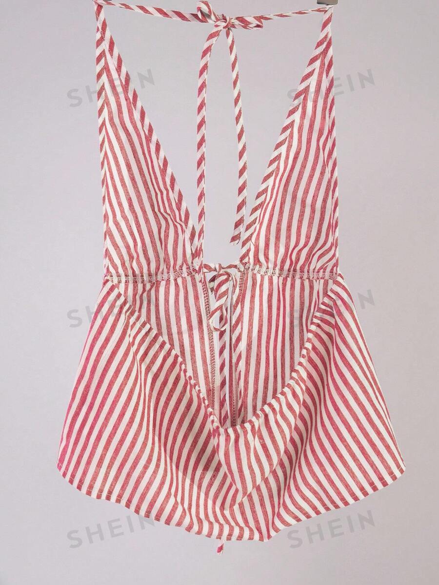 Shein Moosta Womens Casual Striped Halter Neck Tie Back Tank Top