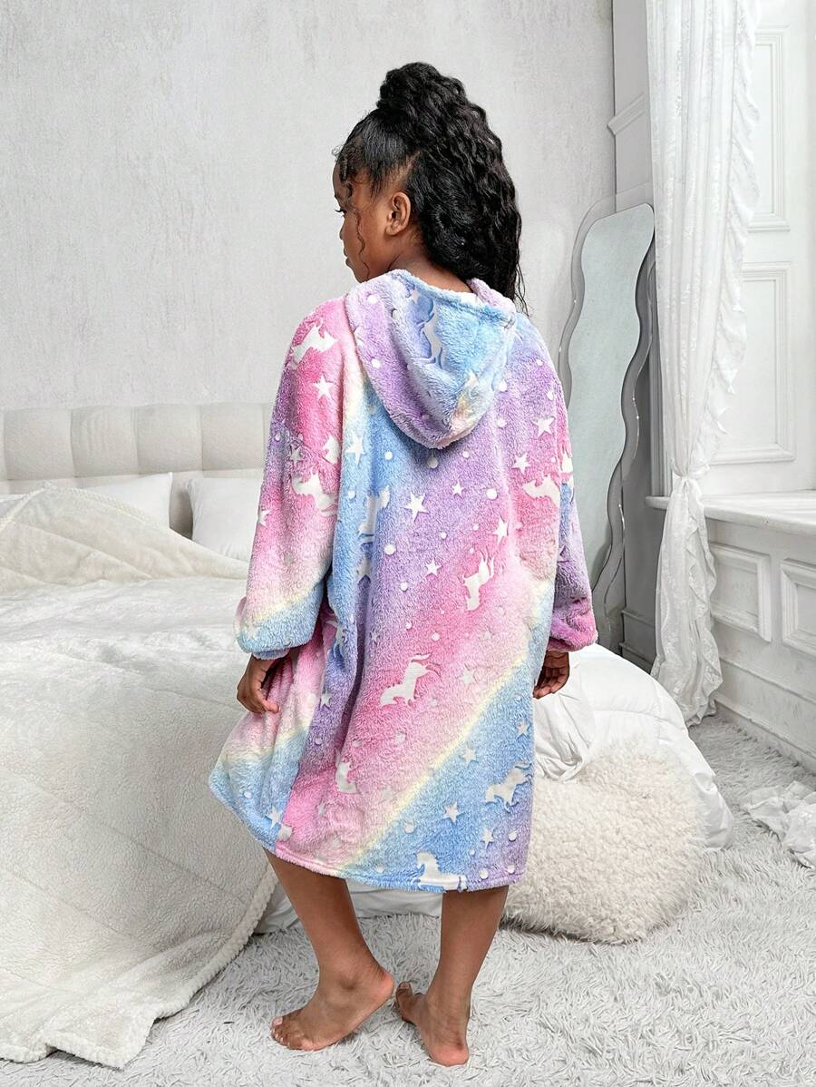 SHEIN Tween Girl Neon Rainbow Cartoon Print Long Sleeve Hooded Kangaroo ...