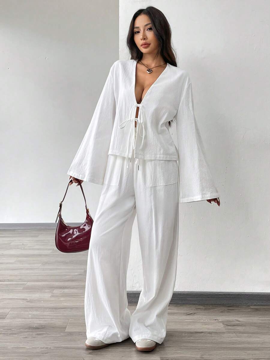 SHEIN EZwear Women's New Fall White Linen Lace-Up Shirt And Linen Pants ...