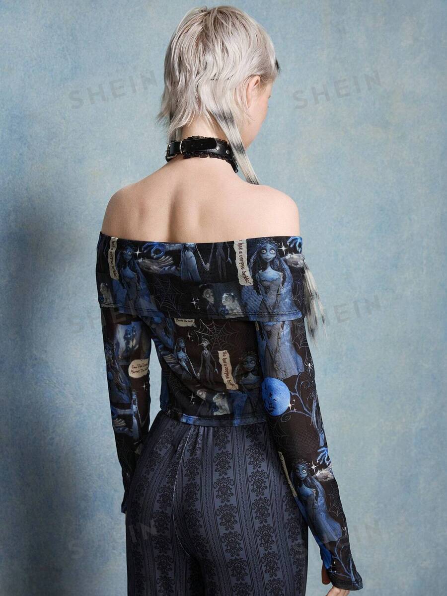 Corpse Bride X SHEIN Women Punk Rock Style Foldover Off-Shoulder Sheer ...