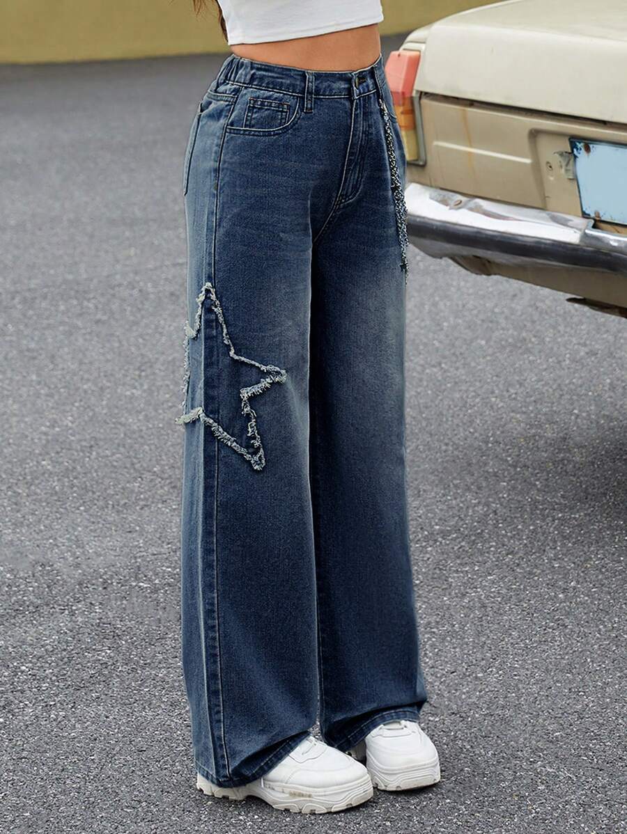 SHEIN Teen Girls Loose Flare Leg Jeans With Pockets And Frayed Hem ...