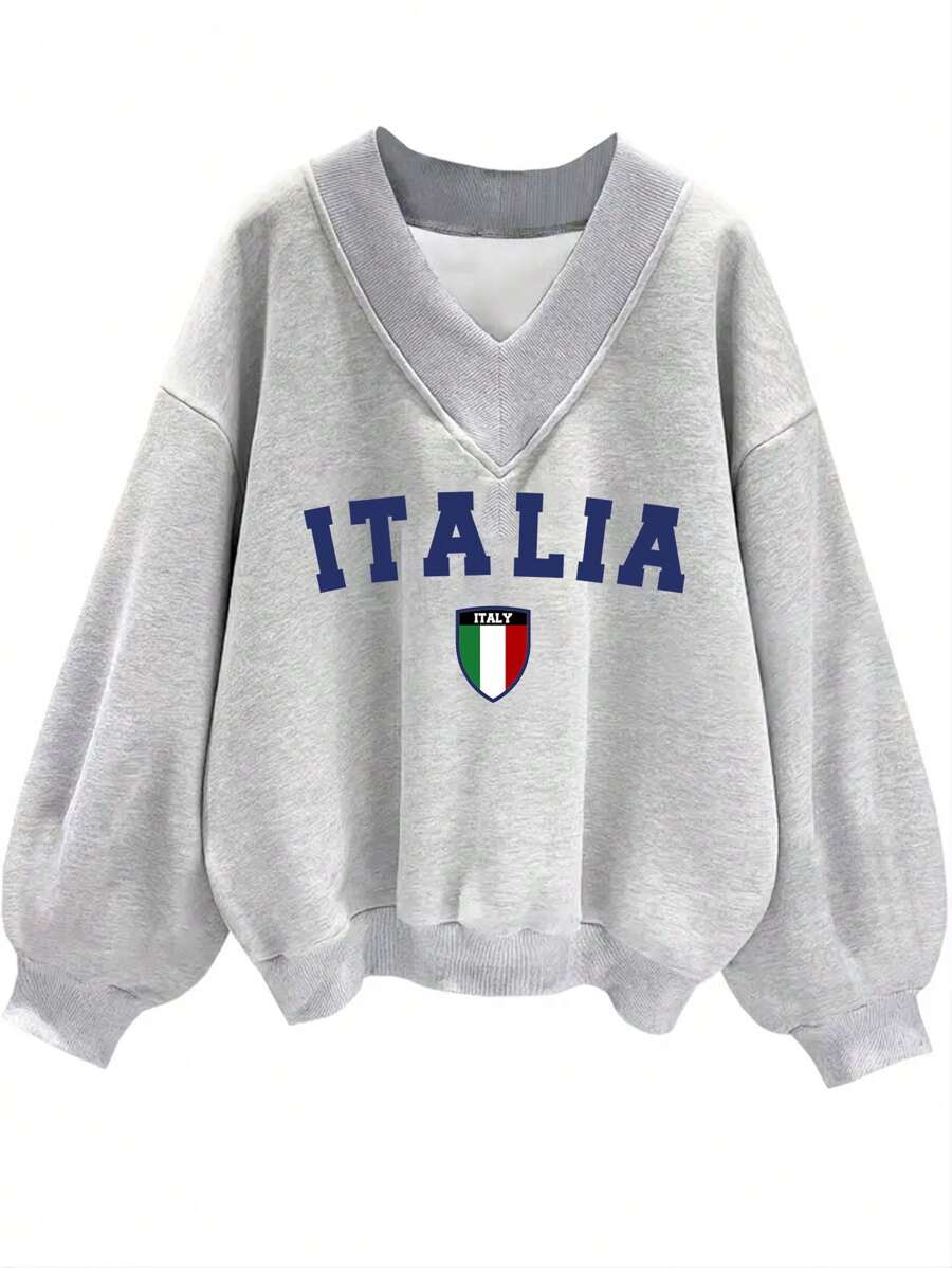 SHEIN Essnce Women's Casual Loose Oversized V-Neck ITALIA Logo ...