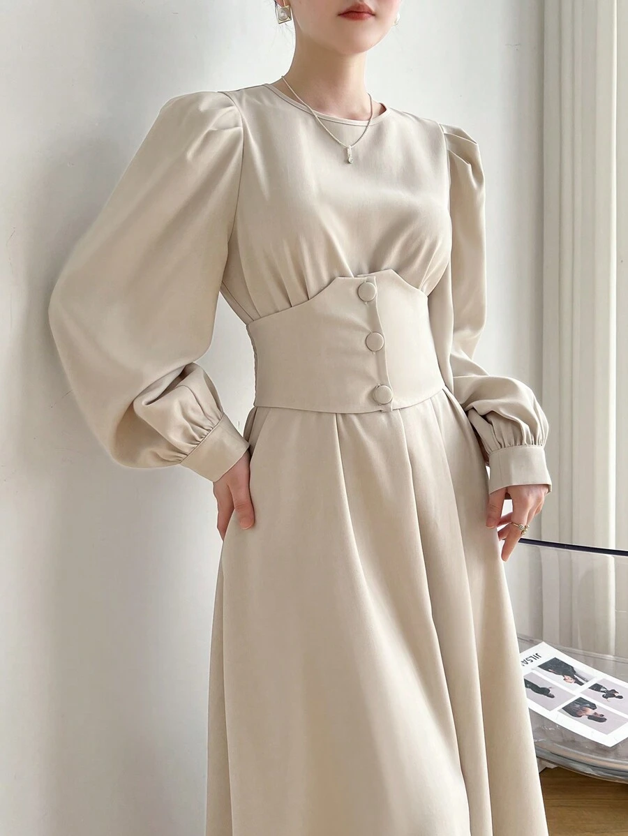 Mulvari Women's Solid Color Crew Neck Bubble Puff Sleeve Dress, Spring ...