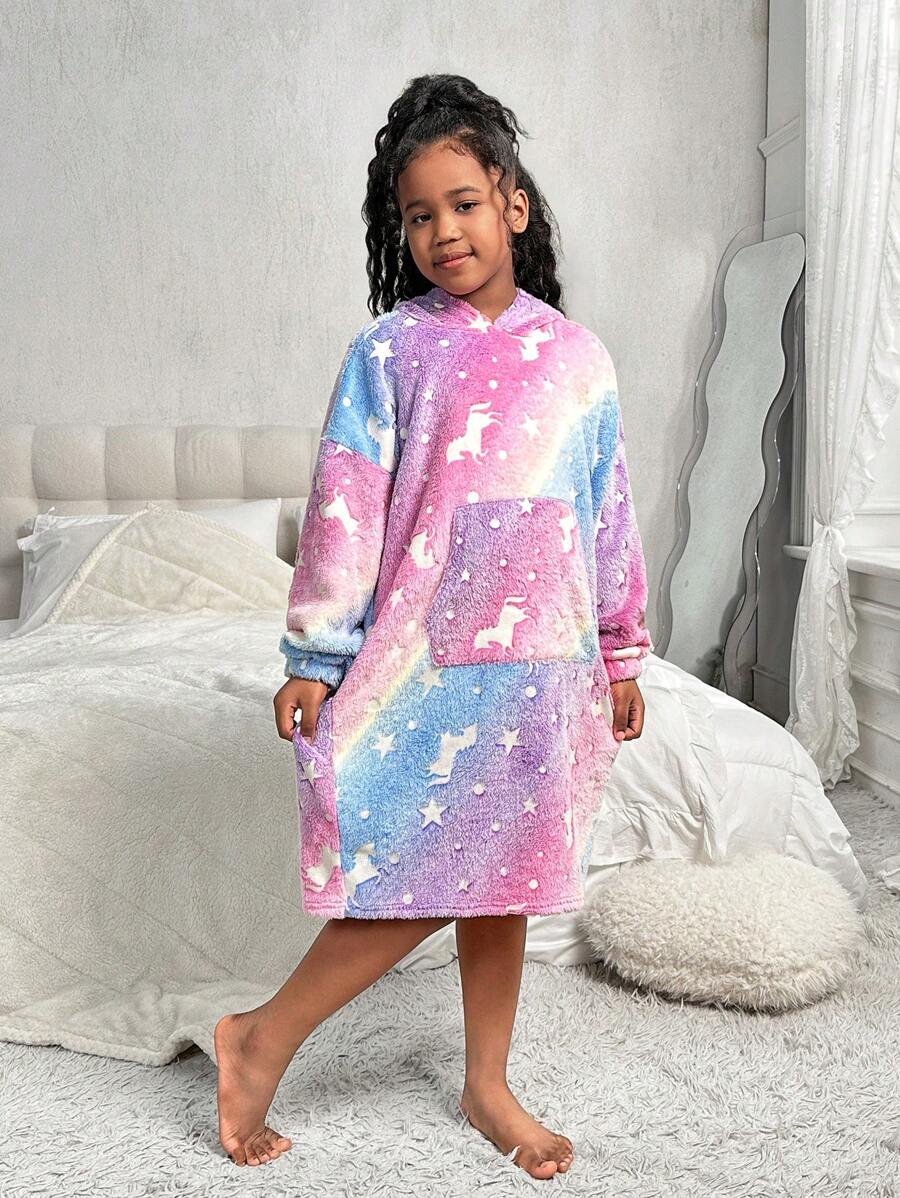 SHEIN Tween Girl Neon Rainbow Cartoon Print Long Sleeve Hooded Kangaroo ...