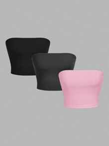 SHEIN EZwear 3pcs/Set Black, Pink & Grey Women Bandeau Crop Tops ...