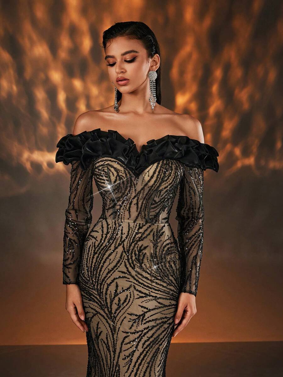 Glamrae Elegant Luxurious Off-Shoulder Sheer Sleeve Ruffle Trim Mesh & Beaded Sequin Mermaid ...