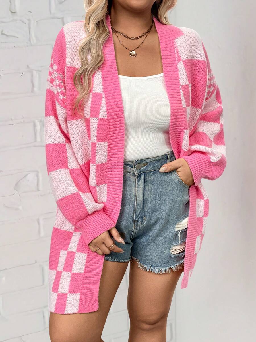 SHEIN LUNE Plus Size Checkerboard Pattern Drop Shoulder Cardigan ...