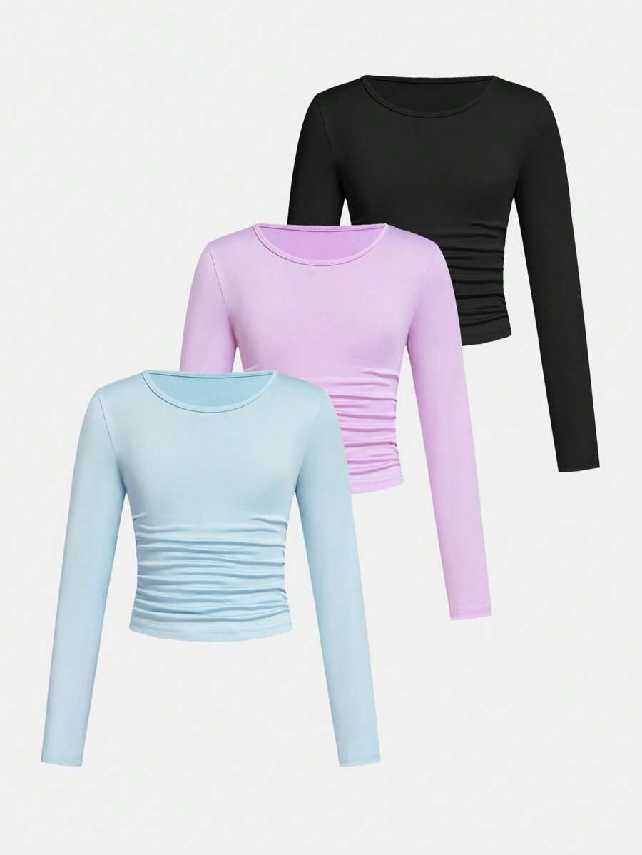 Tween Girl Casual Crew Neck Compression Crinkle Short Sleeve T-Shirt ...