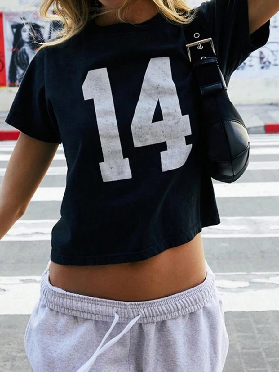 Teen Girls' Casual Number Print Round Neck Short Sleeve T-Shirt, Summer ...