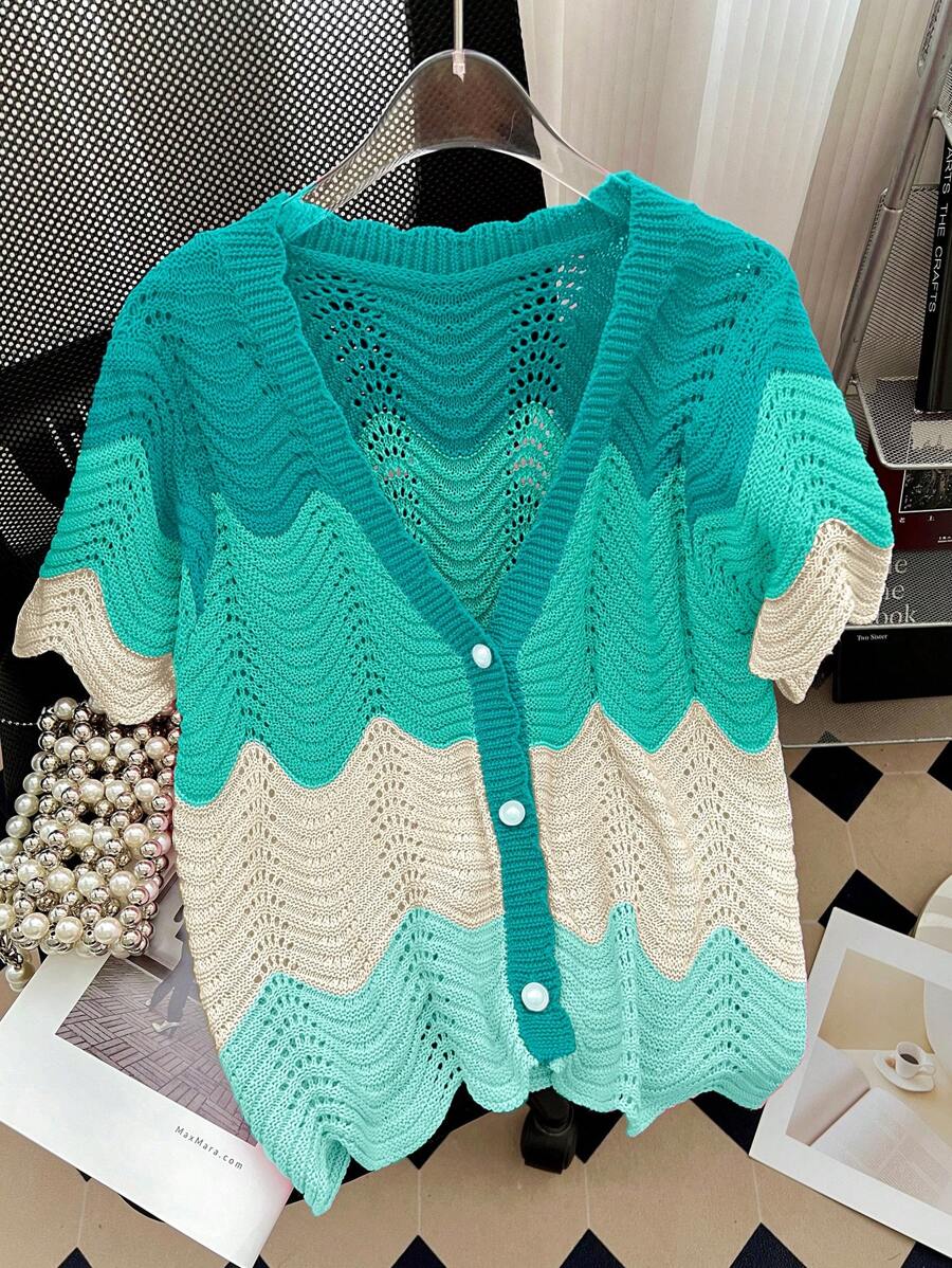 Calvaya Plus Size Colorblock See-Through Knit Short Sleeve Cardigan ...