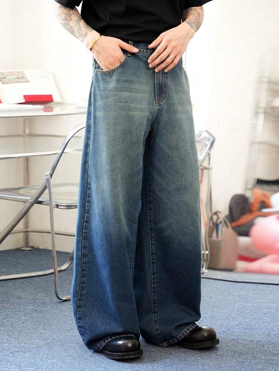 Manfinity Hypemode Men's Dark Blue Vintage Washed Loose & Baggy Denim ...