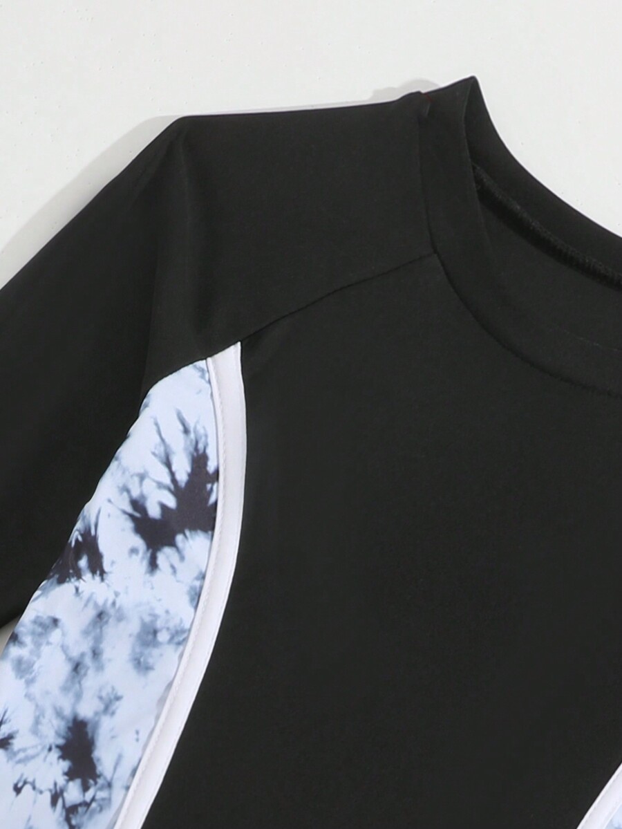 2pcs Young Girls Solid Color Patchwork Rash Guard Top And Shorts ...