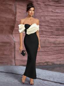 Colorblock Twist Off-Shoulder Long Bodycon Formal Dress, Elegant ...