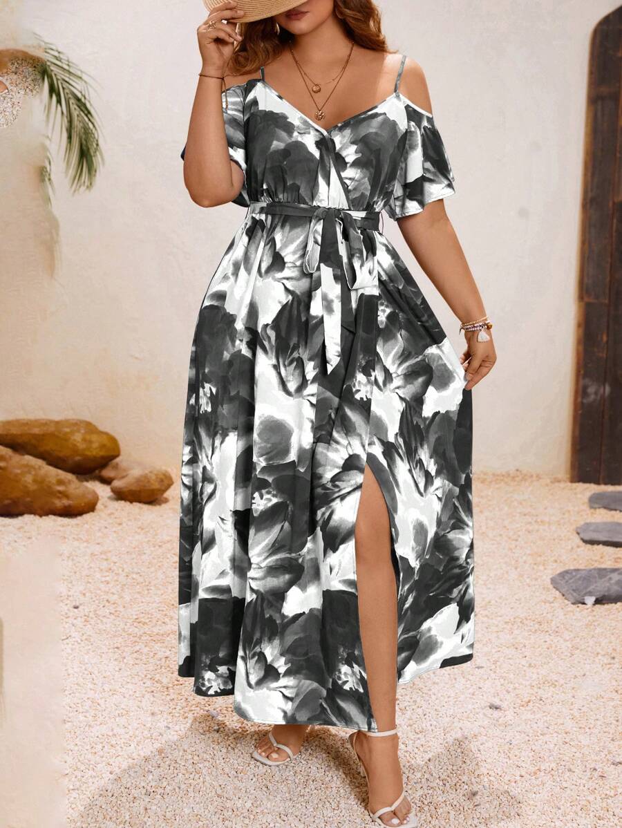SHEIN VCAY Plus Size Women's Romantic Big Floral Open Shoulder Long Dress, Summer | SHEIN USA