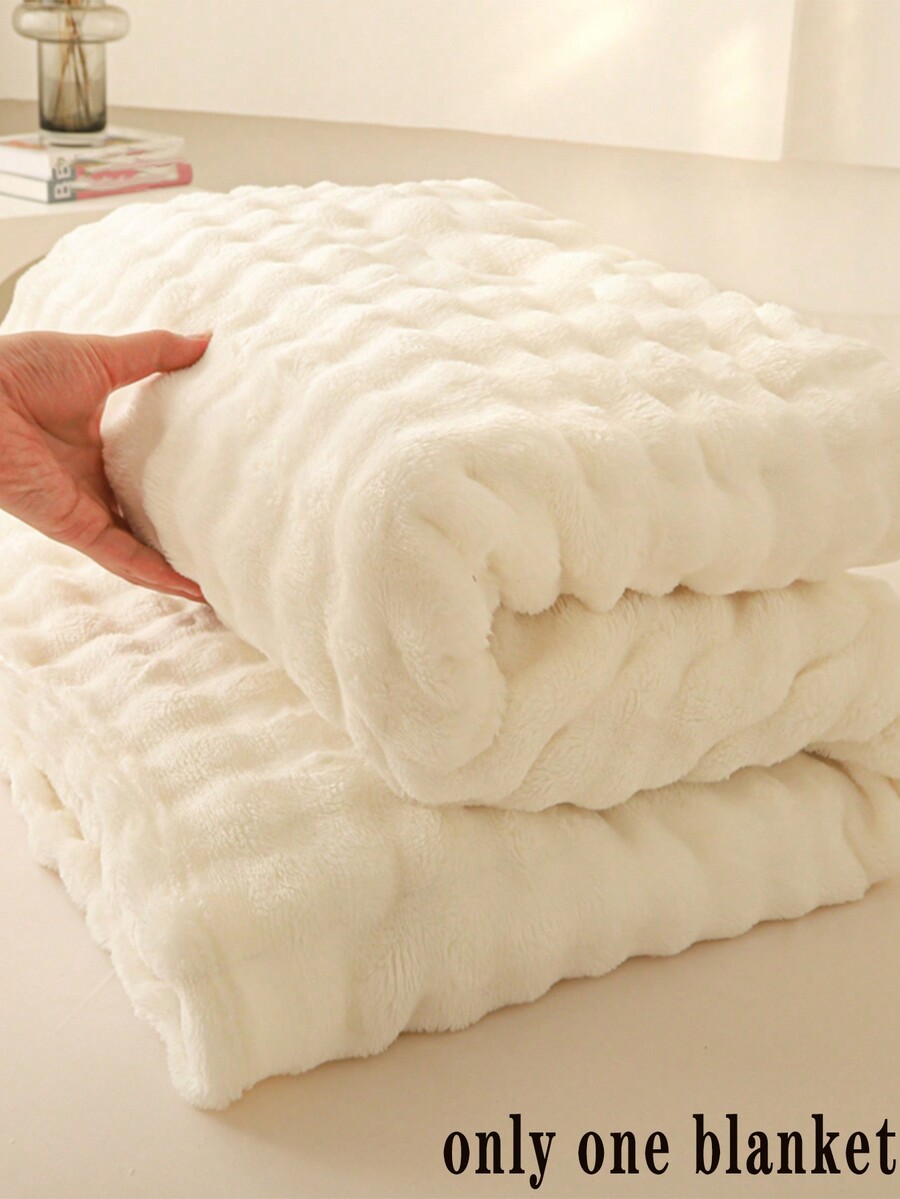 1pc Milky White Bubble Fleece, Super Soft Traditional Flannel Coral Fleece Blanket For Sofa ...