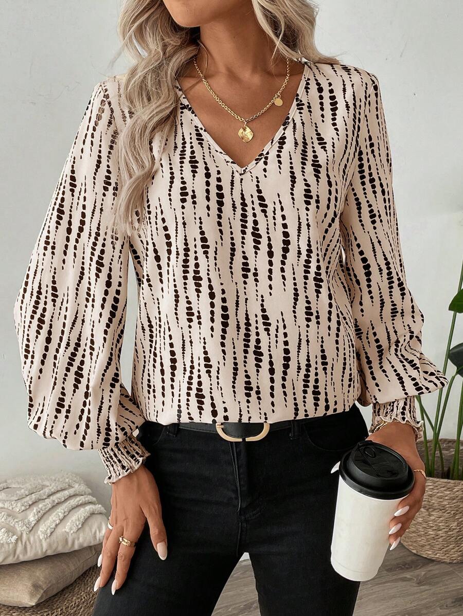 SHEIN LUNE Plus Size Polka Dot Print V-Neck Lantern Sleeve Blouse Fall ...