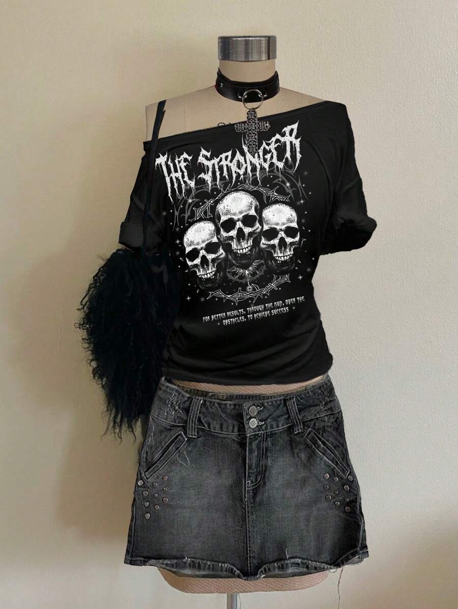 SHEIN EZwear Casual Off Shoulder Punk Oversized Skull Print Short ...