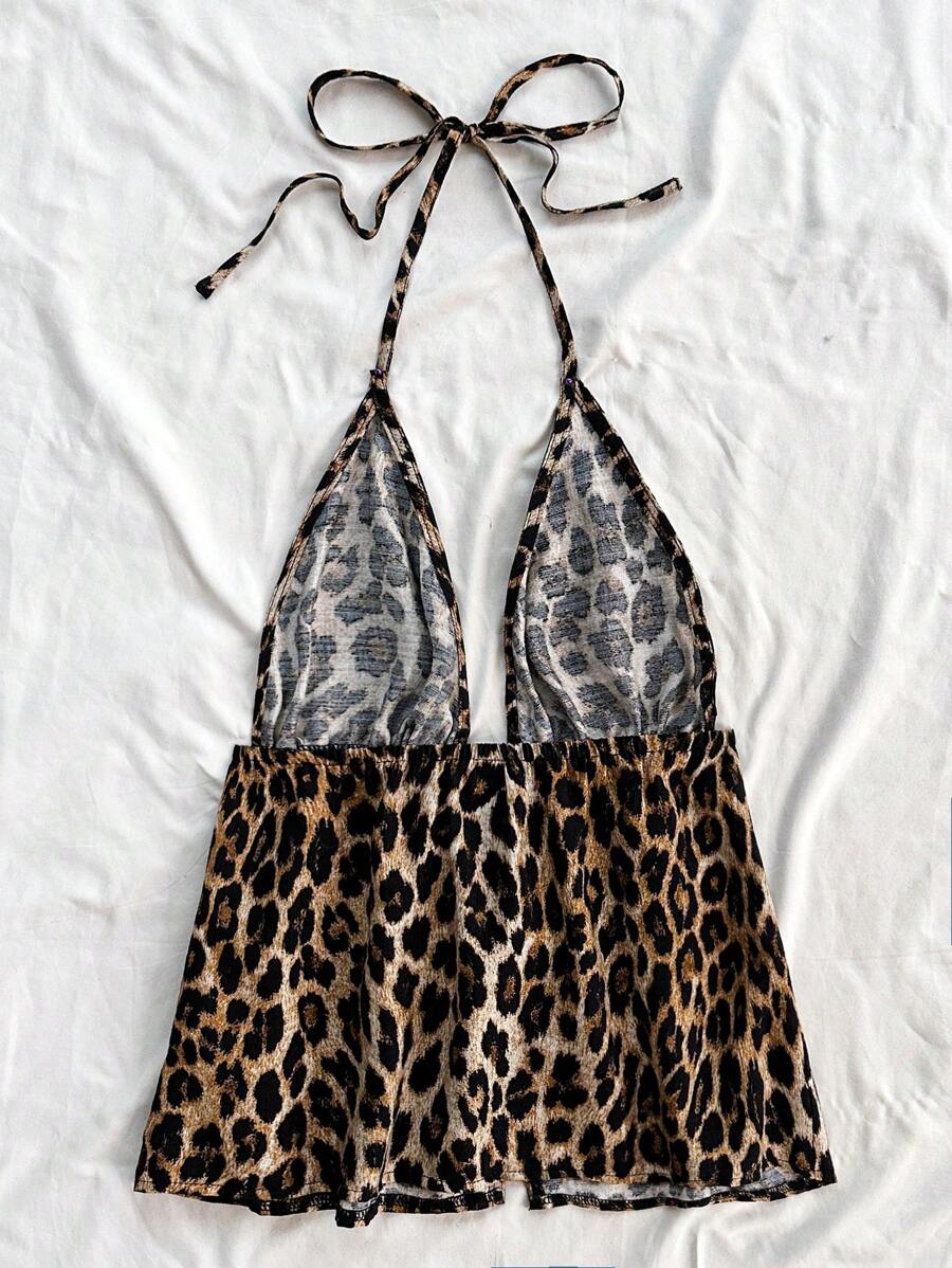 SHEIN Dreamara Women's Casual Halter Tie Neck Leopard Print Backless ...