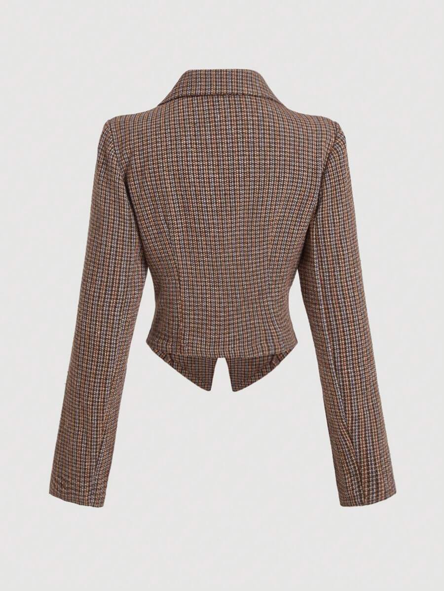 SHEIN MOD Turndown Collar Long Sleeve Button Waisted Retro Plaid Woolen Jacket,Back To School ...