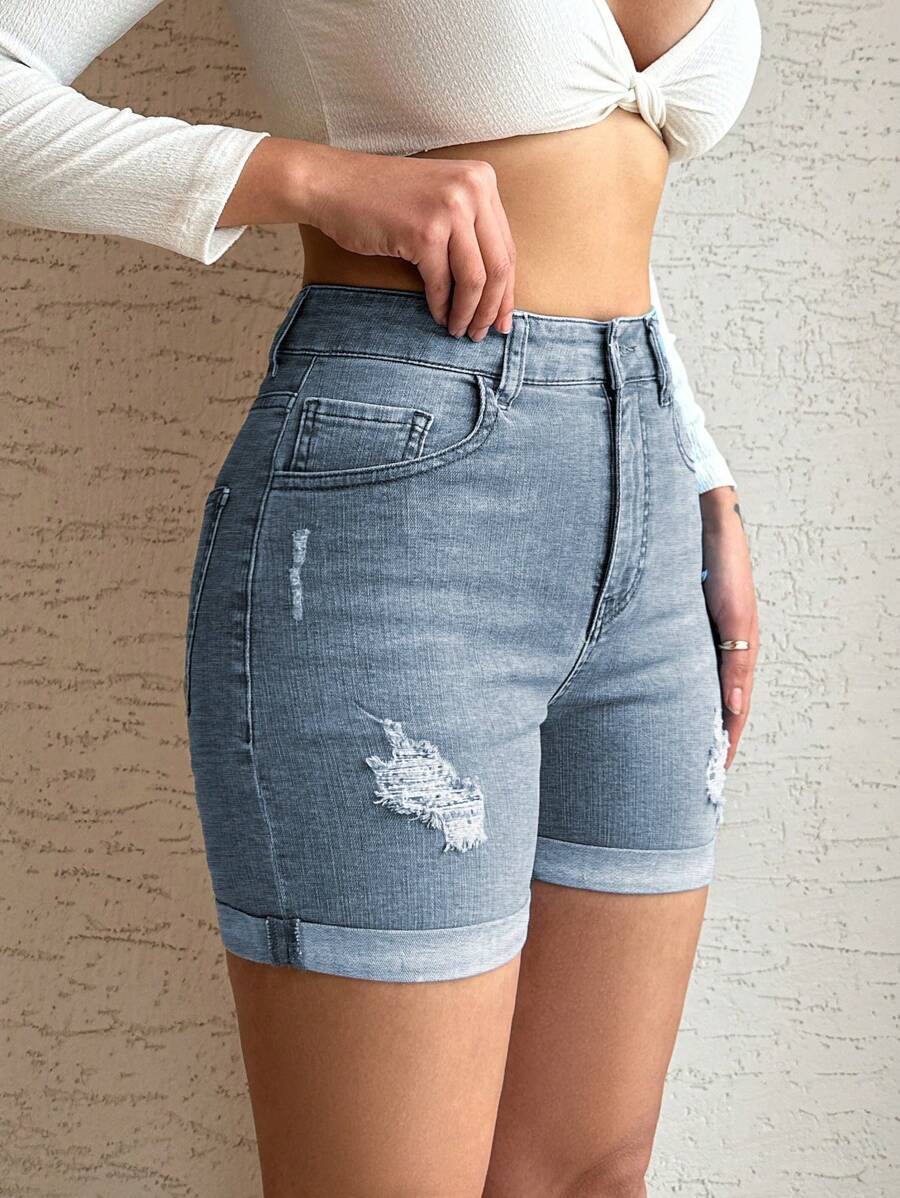 Mini Heavy Destroy Short Fold Up Detail | SHEIN USA