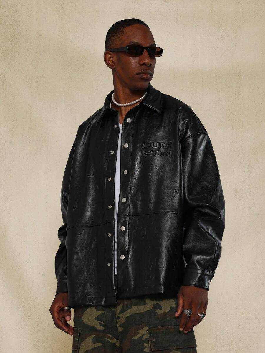 SUMWON Cracked Glossy PU Shirt With Emboss Print | SHEIN USA