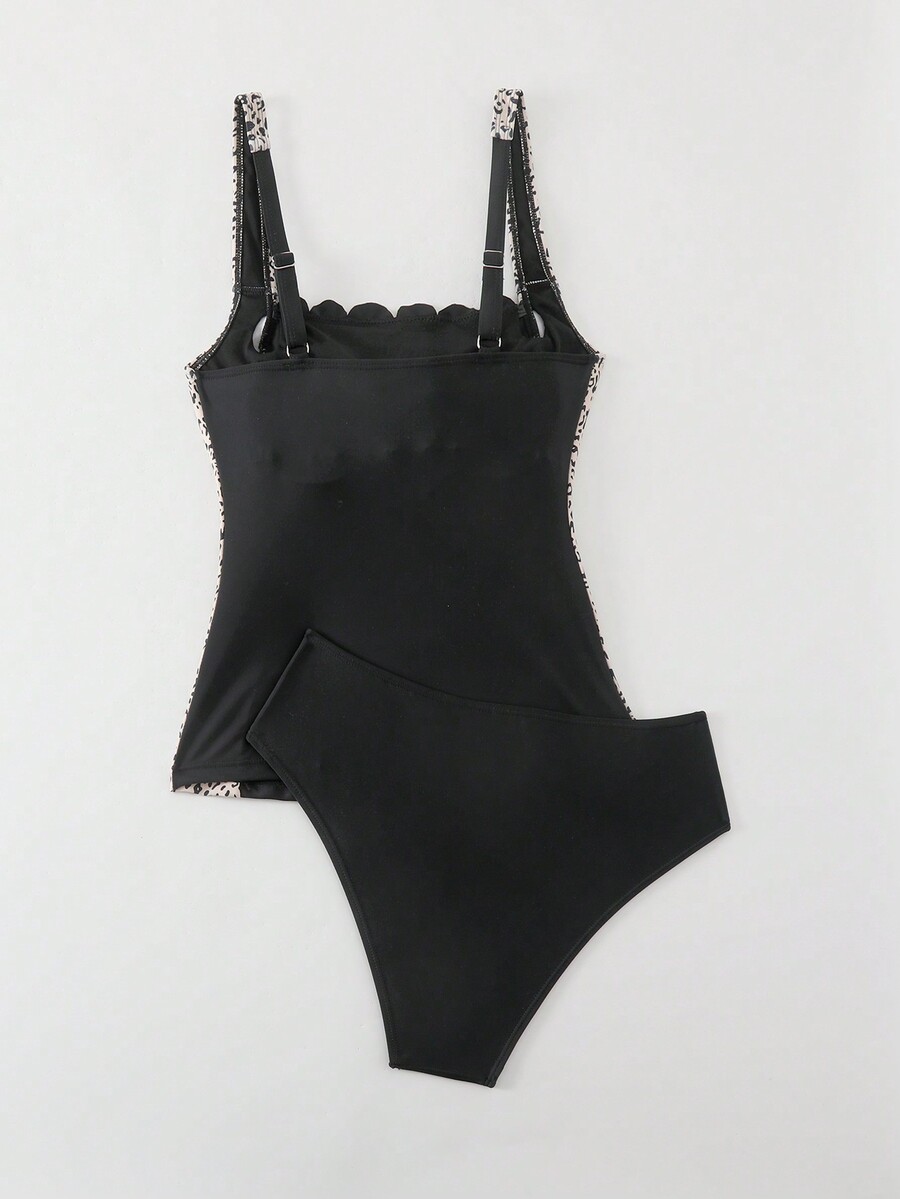 SHEIN Swim Summer Beach Shell Trim Leopard Print Tank Top And Solid ...