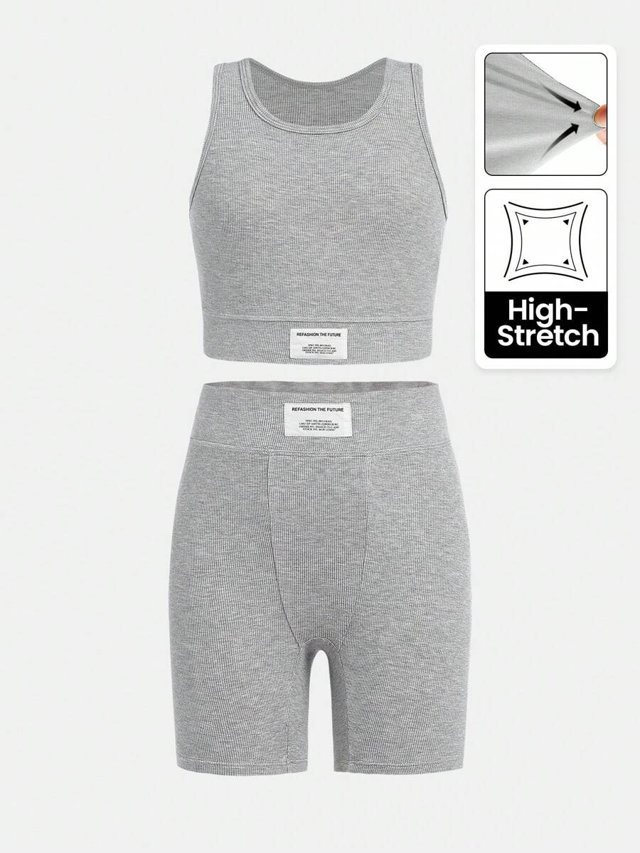 SHEIN Tween Girls' Ribbed Knit Letter Patchwork Crop Top & Shorts ...