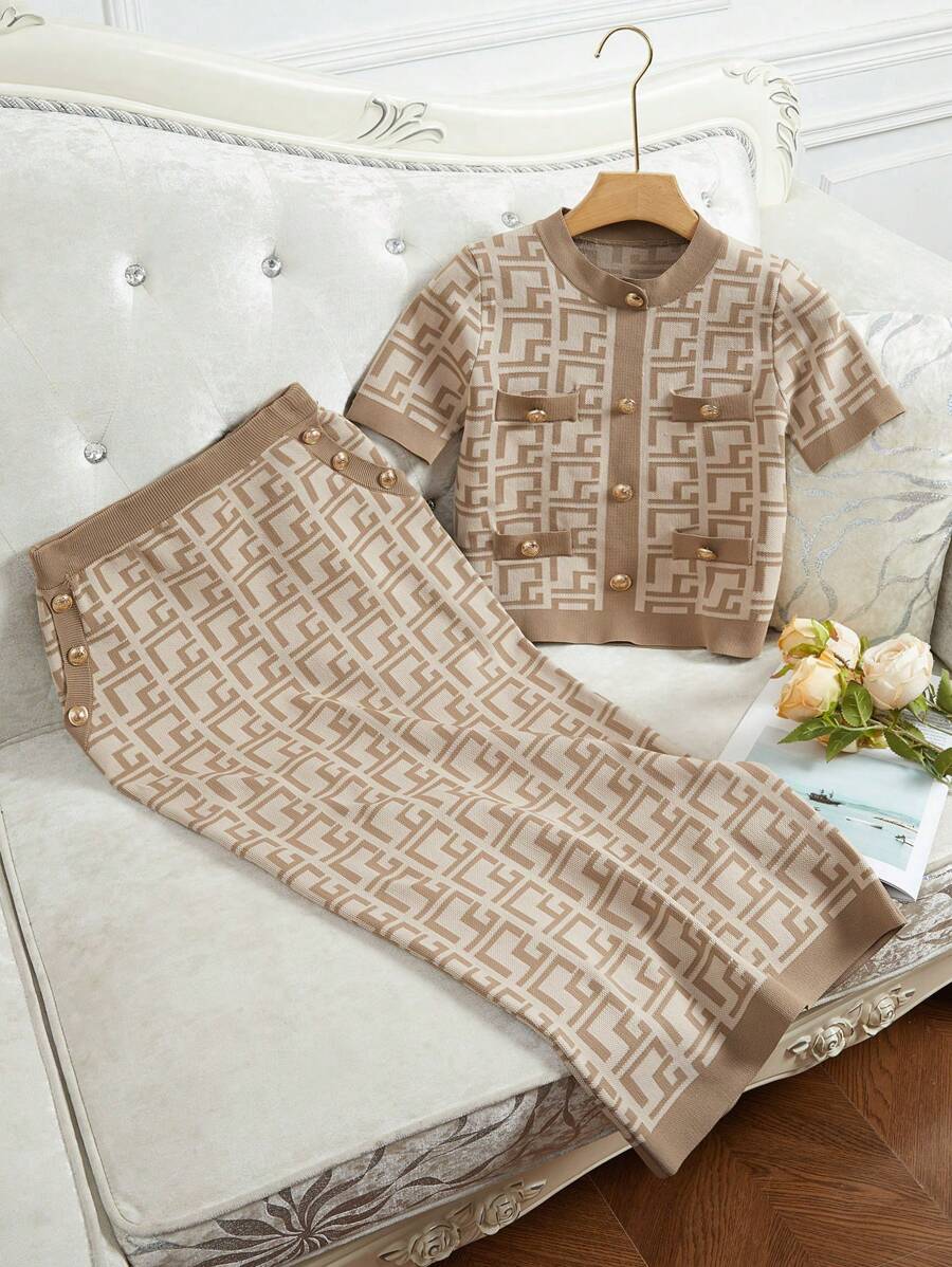 Modelyn 2pcs Women's Summer Geometric Pattern Metal Button Decorated ...