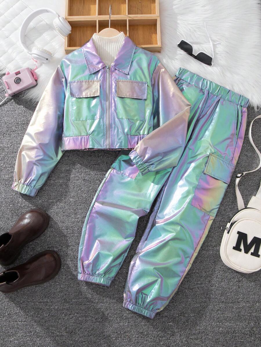SHEIN Tween Girl Zip-Up Long Sleeve Reversible Top And Straight Leg ...