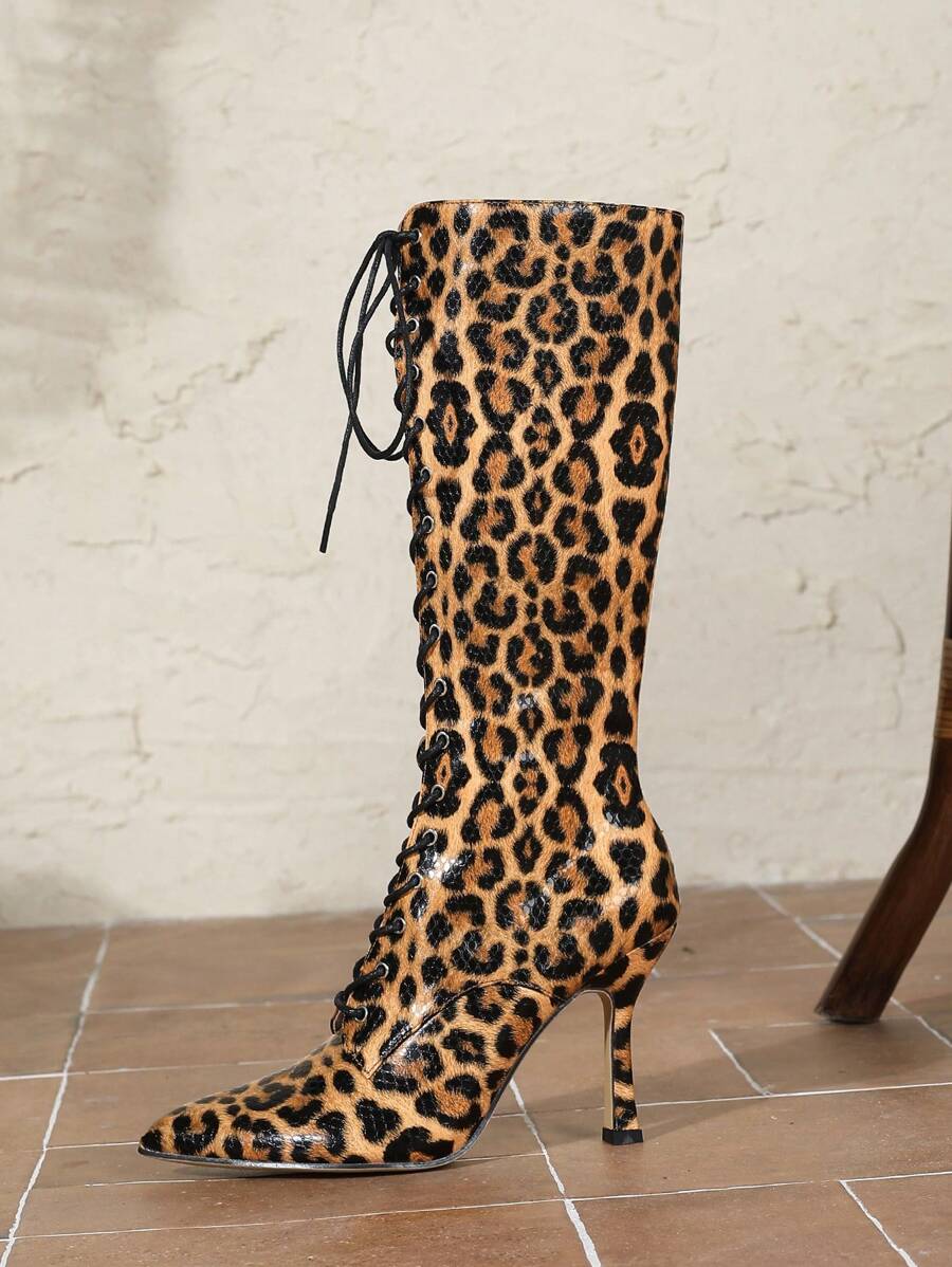 CUCCOO SZL Sexy Fashionable Leopard Print Lace-Up 9.5cm Heel Casual ...