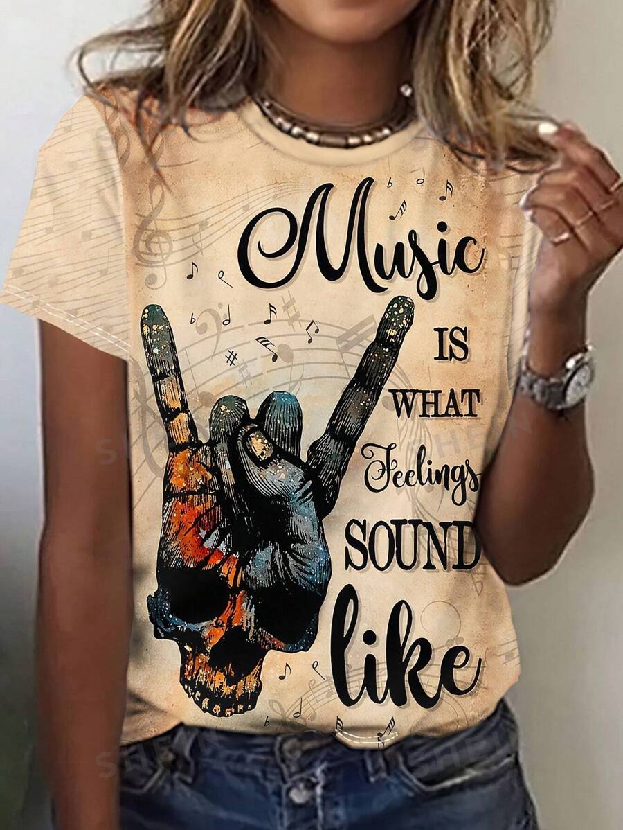 SHEIN LUNE Women''s Rock Hand Gesture & Musical Elements Allover Print ...