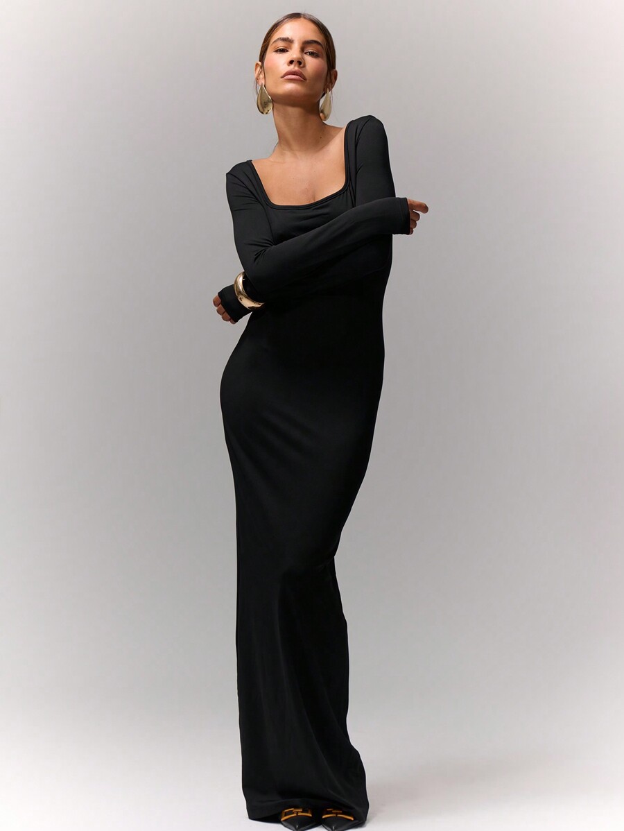 MUSERA Clothes Square Neck Long Sleeve Maxi Dress | SHEIN USA