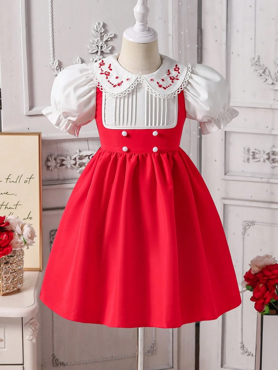 SHEIN Young Girl Elegant Princess Collared Floral Embroidered Puff ...