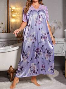 SHEIN MuseNap CURVE Plus Size Semi-Sheer Lace Contrast Long Faux Silk ...