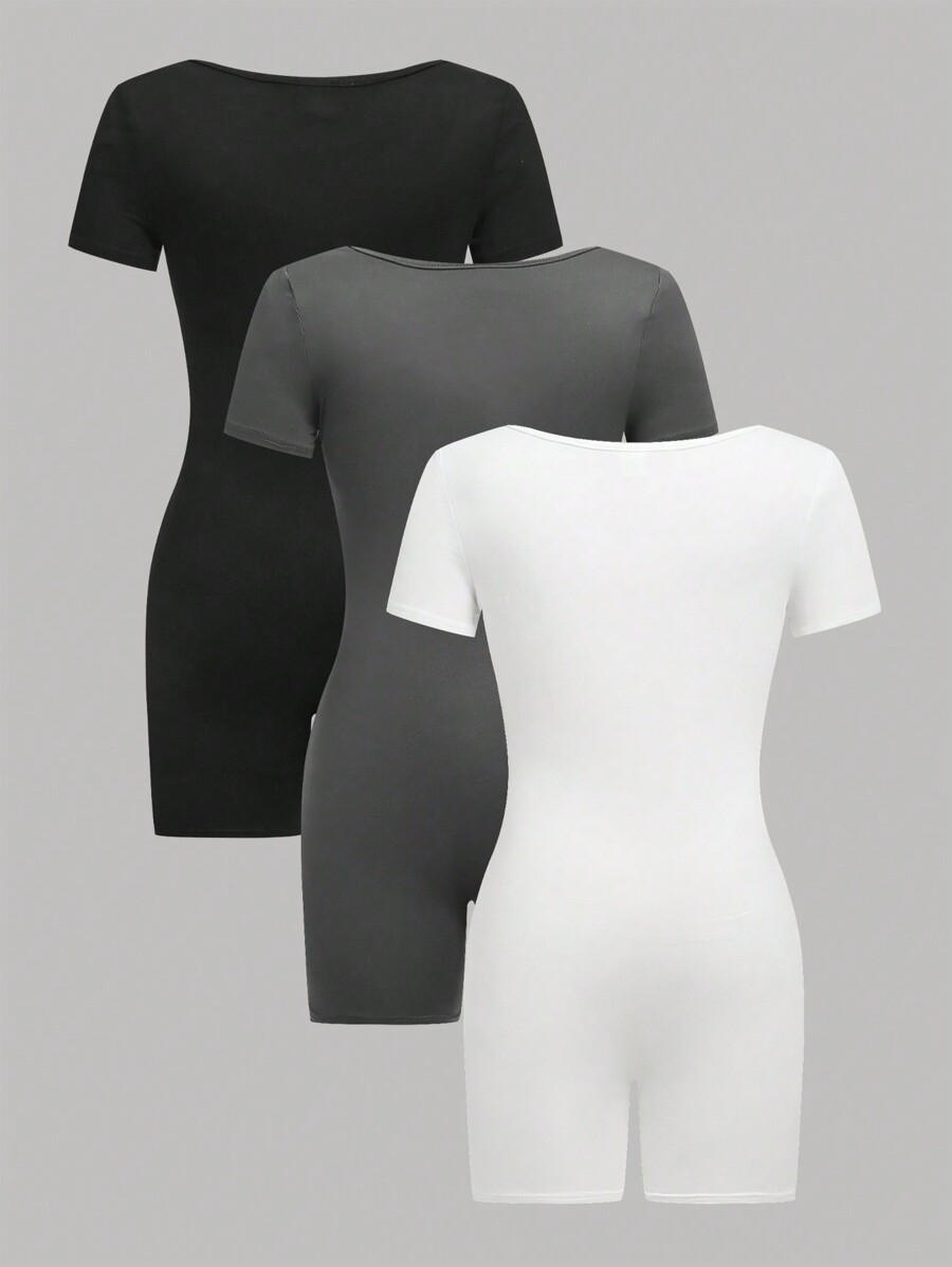 SHEIN Girlism 3pcs/Set Teen Girl Knit Solid Crew Neck Form-Fitting Casual Short Sleeve Jumpsuit ...