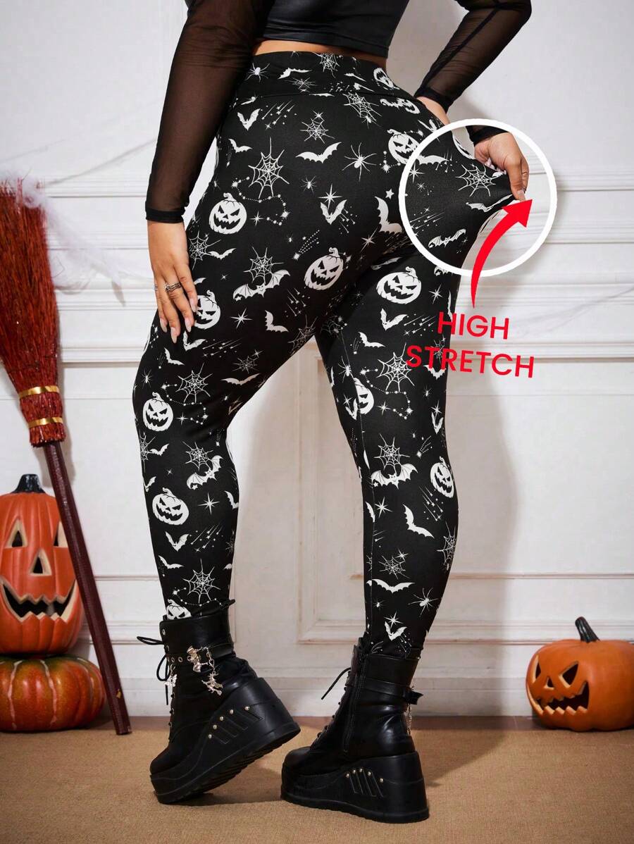 SHEIN EZwear Plus Size Women Halloween Bat & Pumpkin Print Leggings ...
