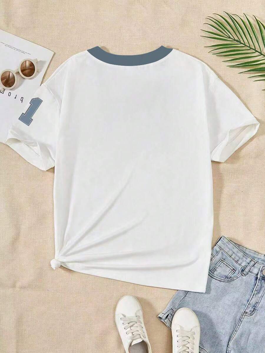 Teen Girl Solid Color Patchwork Short Sleeve Numeric Print Simple T ...
