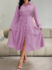 SHEIN Clasi Plus Size Women's Spring/Summer Striped Long Sleeve Single ...
