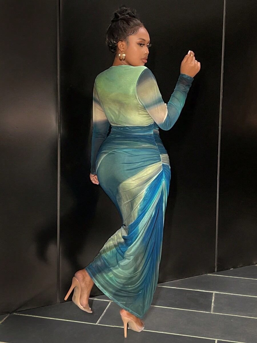 Slaydiva Plus Size Fall Women's Tie-Dye Pleated Dress | SHEIN USA