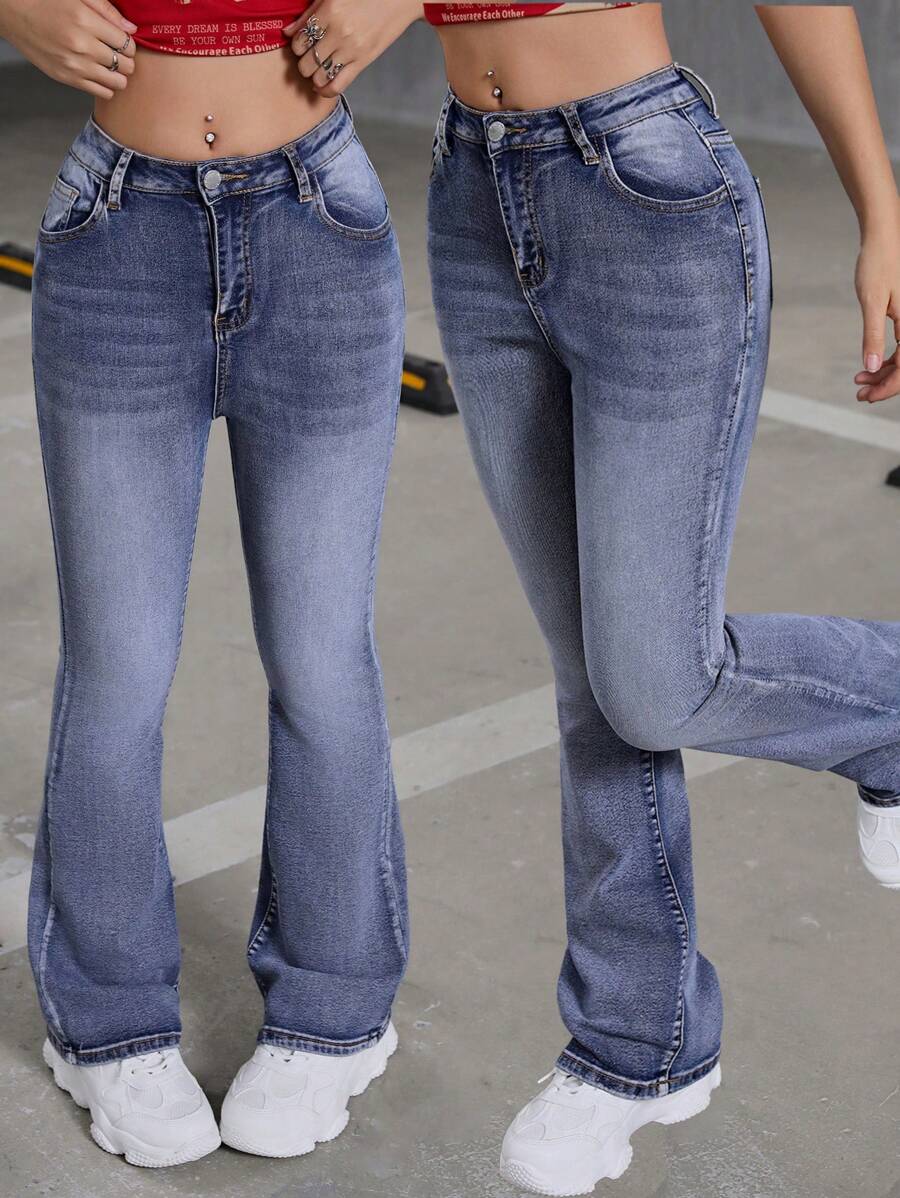 SHEIN Teen Girl Y2K Casual Basic Blue Denim Bell-Bottoms Stretch Pants ...