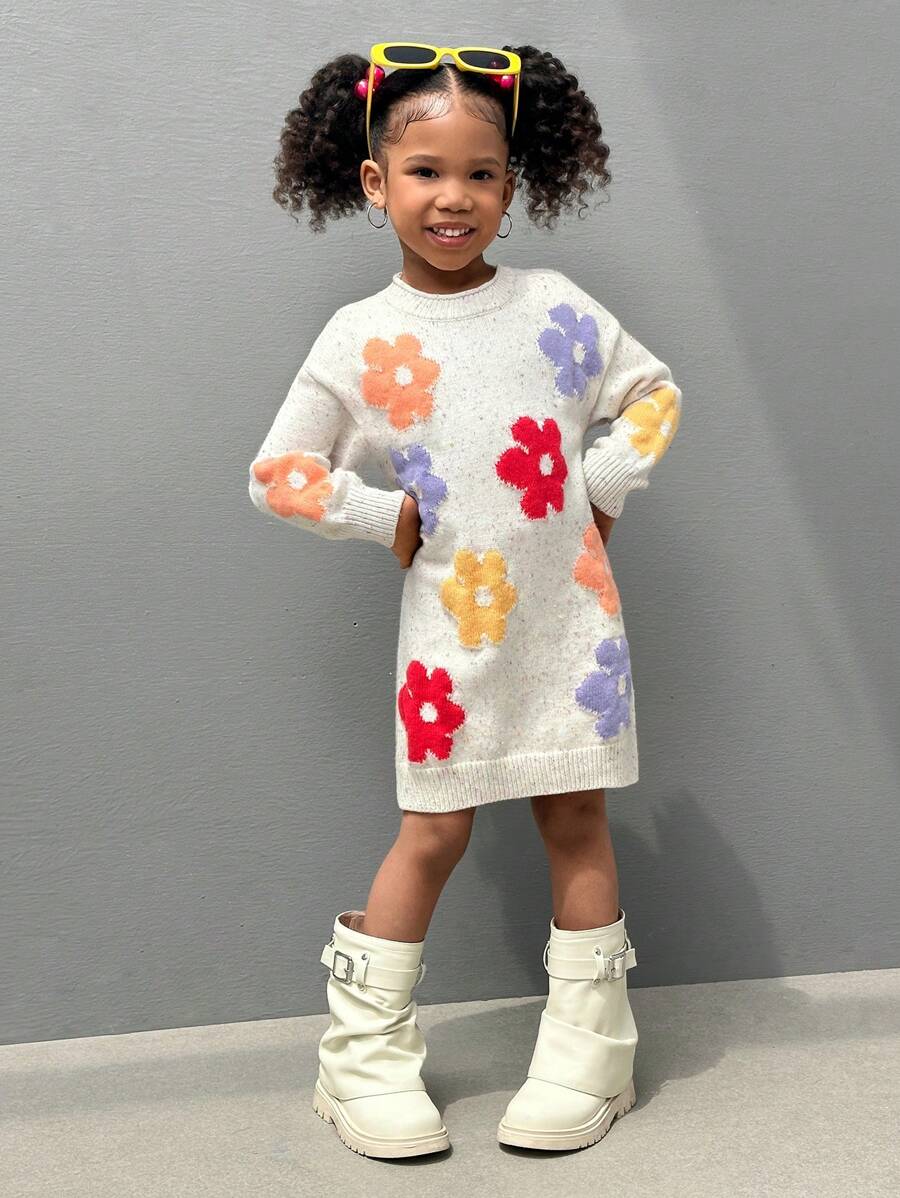 Young Girl Multi-Color Floral Knitted Sweater Dress, Sweater Dress For ...