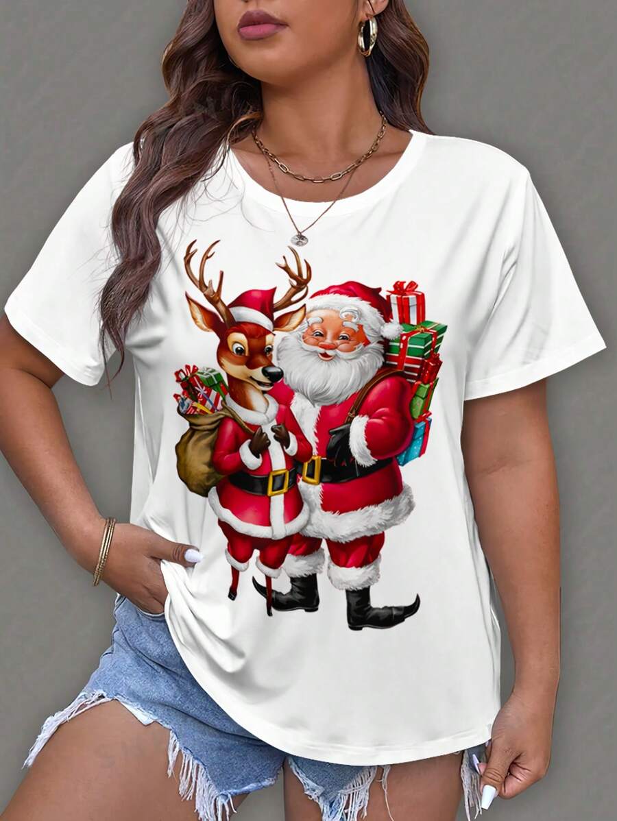 SHEIN LUNE Merry Christmas Santa Claus&Deer Print T-Shirt For Plus Size ...