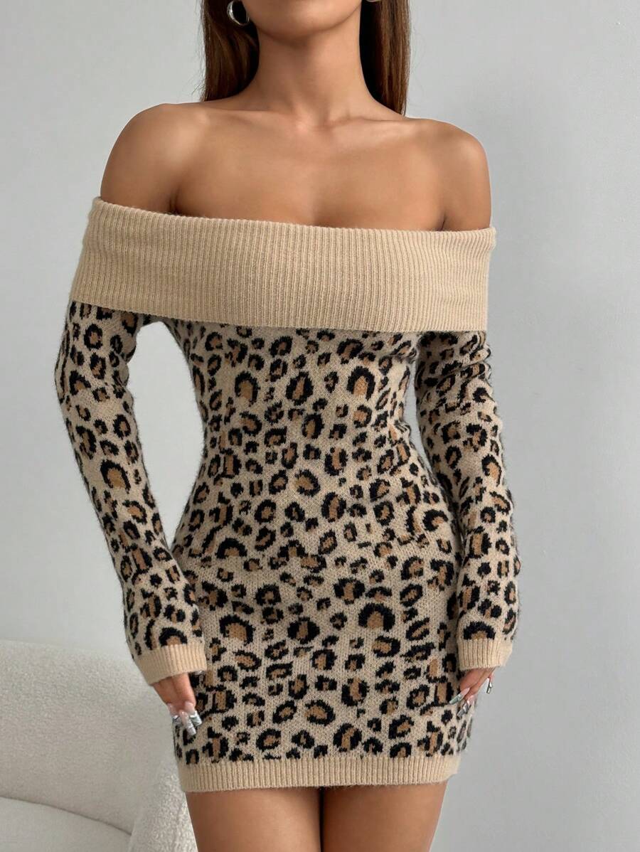 Flirla Sexy Fashion Design Long Sleeve Leopard Print Off-Shoulder ...