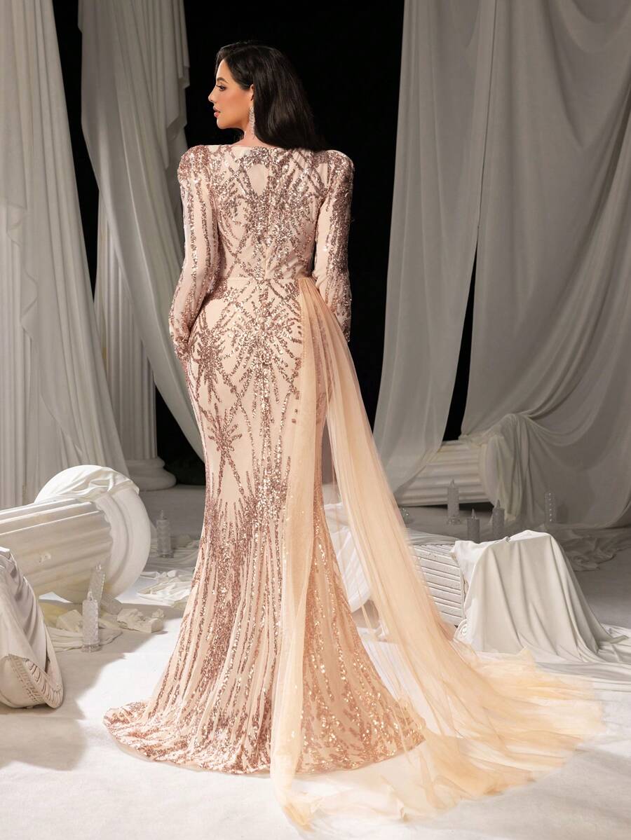 Faeriesty Plus Graphic Sequin Mermaid Hem Formal Prom Dress, Wedding Event Dress, Long Sleeve ...