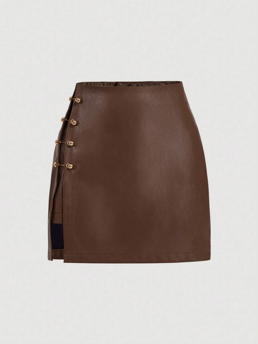 SHEIN MOD Brown Side Slit Metallic Trim Faux Leather A-Line Skirt, Going Out Skirt, Vintage ...