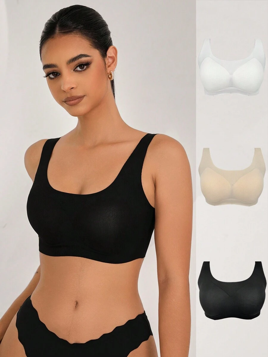 3pcs Solid Scoop Neck Wireless Bra | SHEIN USA