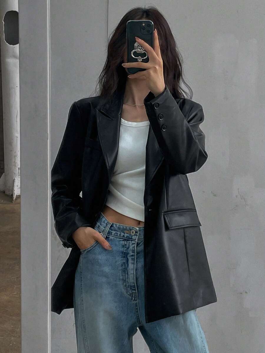 DAZY Women's Loose PU Leather Blazer Jacket,Fall Clothes Business ...