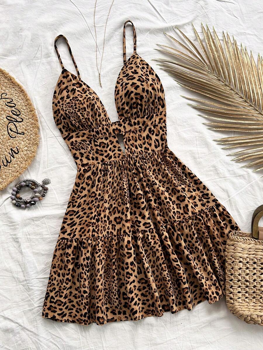 SHEIN CURVE+ Plus Size Spaghetti Strap Leopard Print Hollow Casual ...