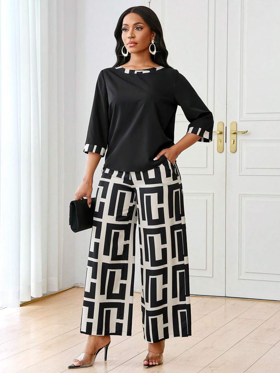 SHEIN Lady 2pcs Women Geometric Print Round Neck 3/4 Sleeve Top And ...